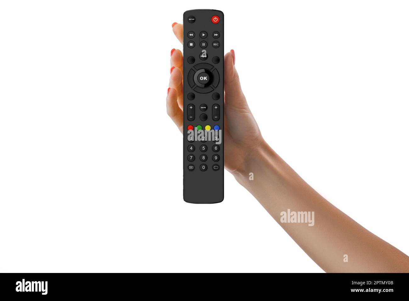Hand holding universal remote control isolated on white Stock Photo - Alamy