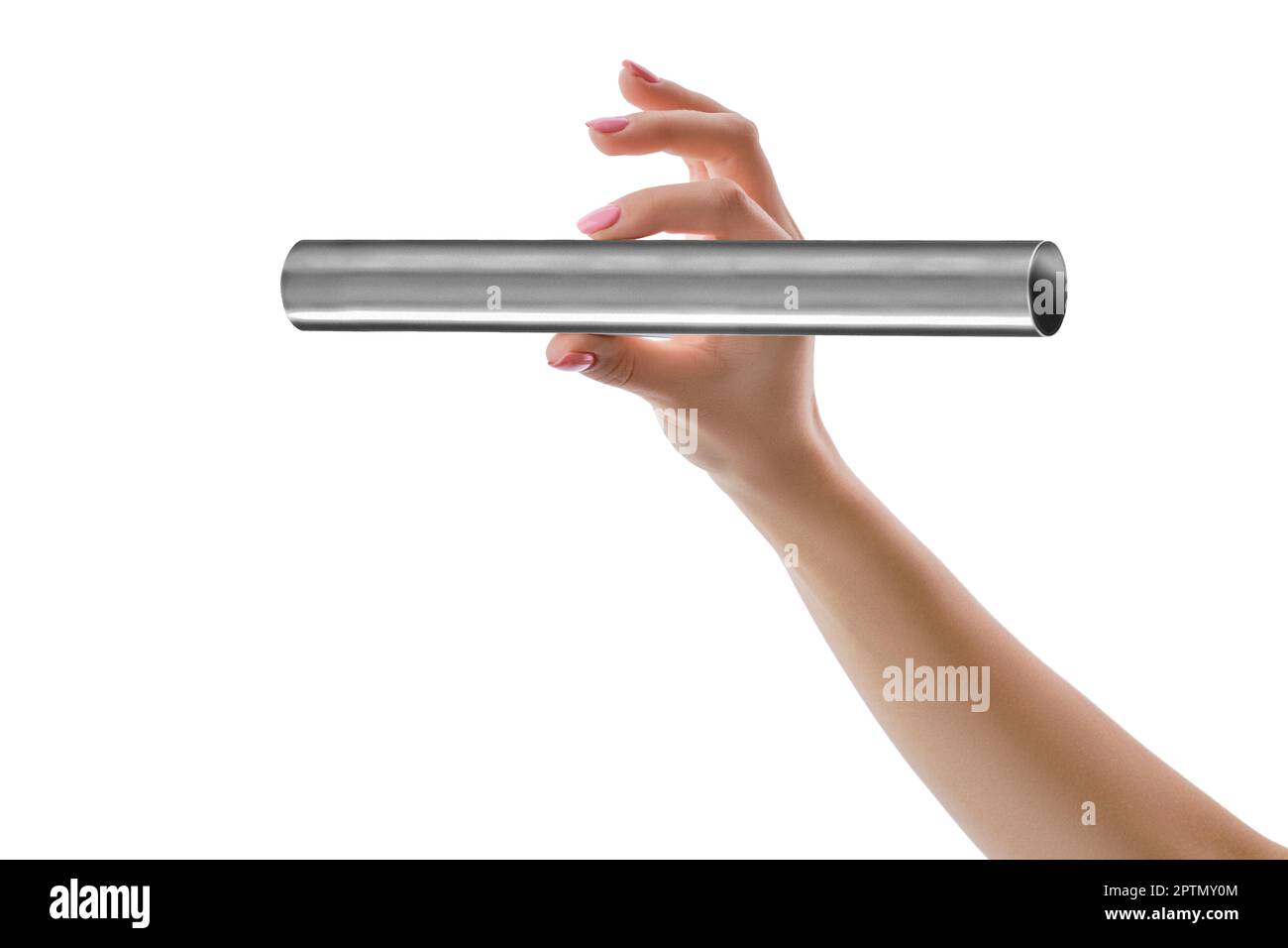 Hand holding stainless steel pipe isolated on white Stock Photo - Alamy