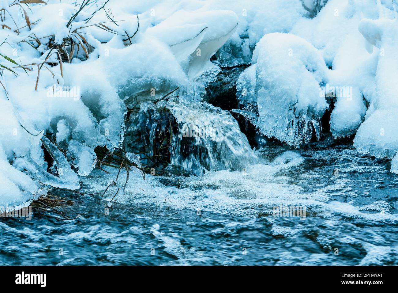 Beautiful nature scene with snow, ice and rapid river water close-up ...