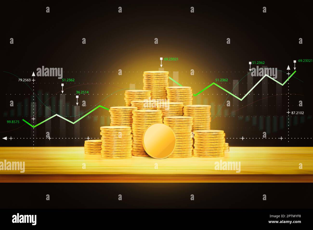 Blank gold coin and coins stack on wooden table and graph chart on ...