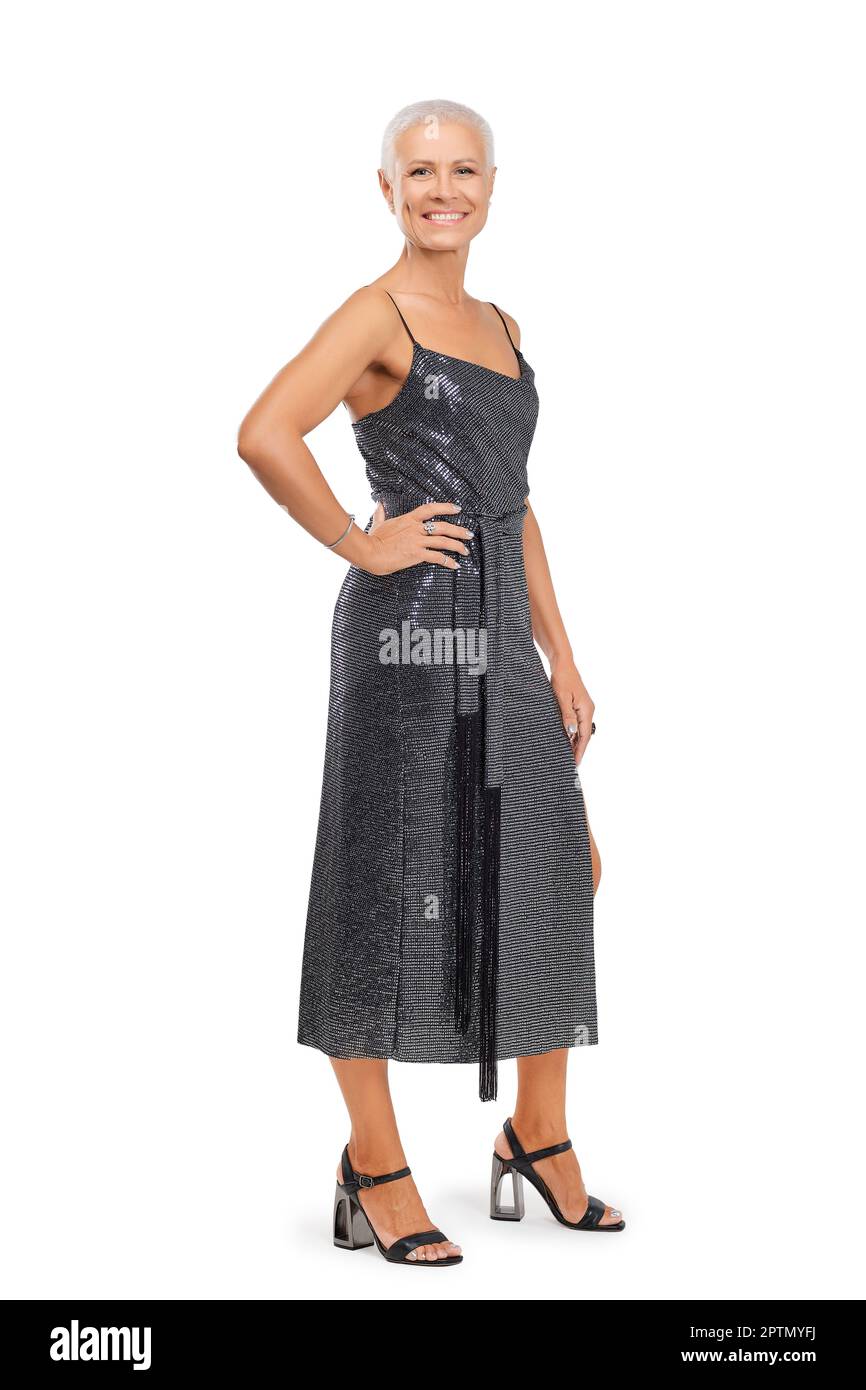 Full length portrait of beautiful middle-aged woman in cocktail dress ...
