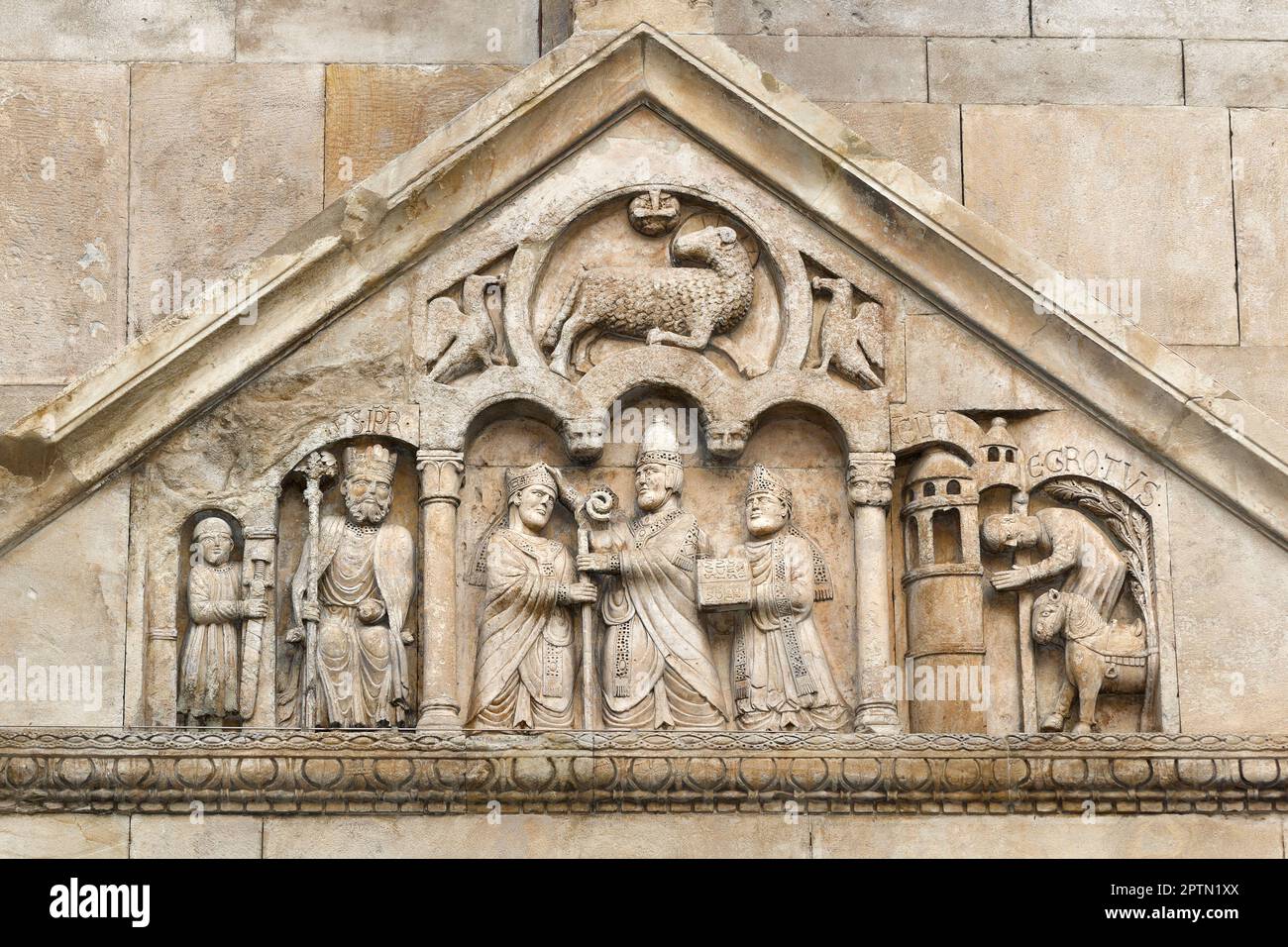 Pediment with Charlemagne on throne, Pope Adrianus II and a sick ...