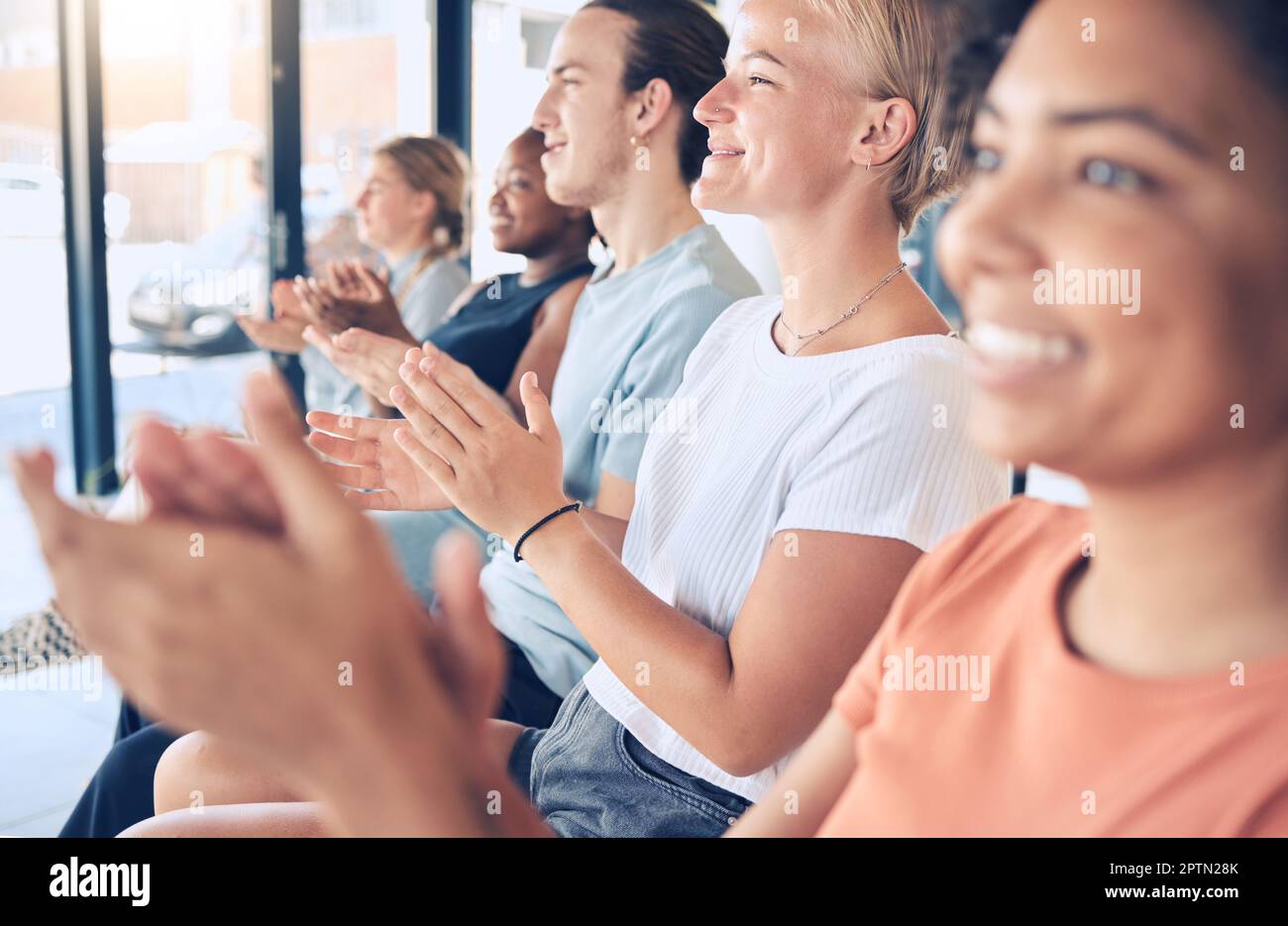 Business people, conference meeting and applause in seminar or workshop for corporate for ...