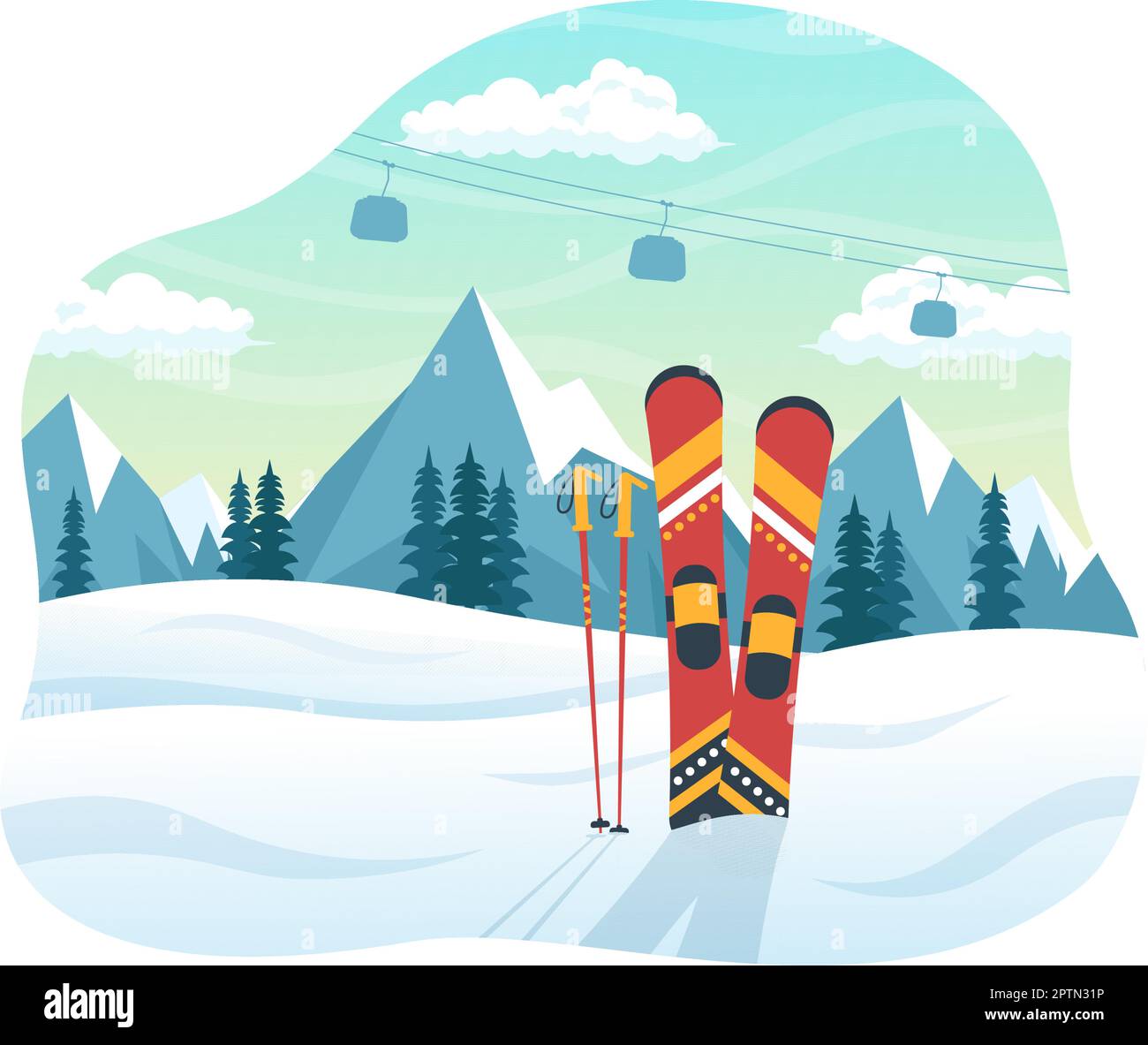 Ski Illustration with Skiers Sliding Near Mountain Going Downhill in ...