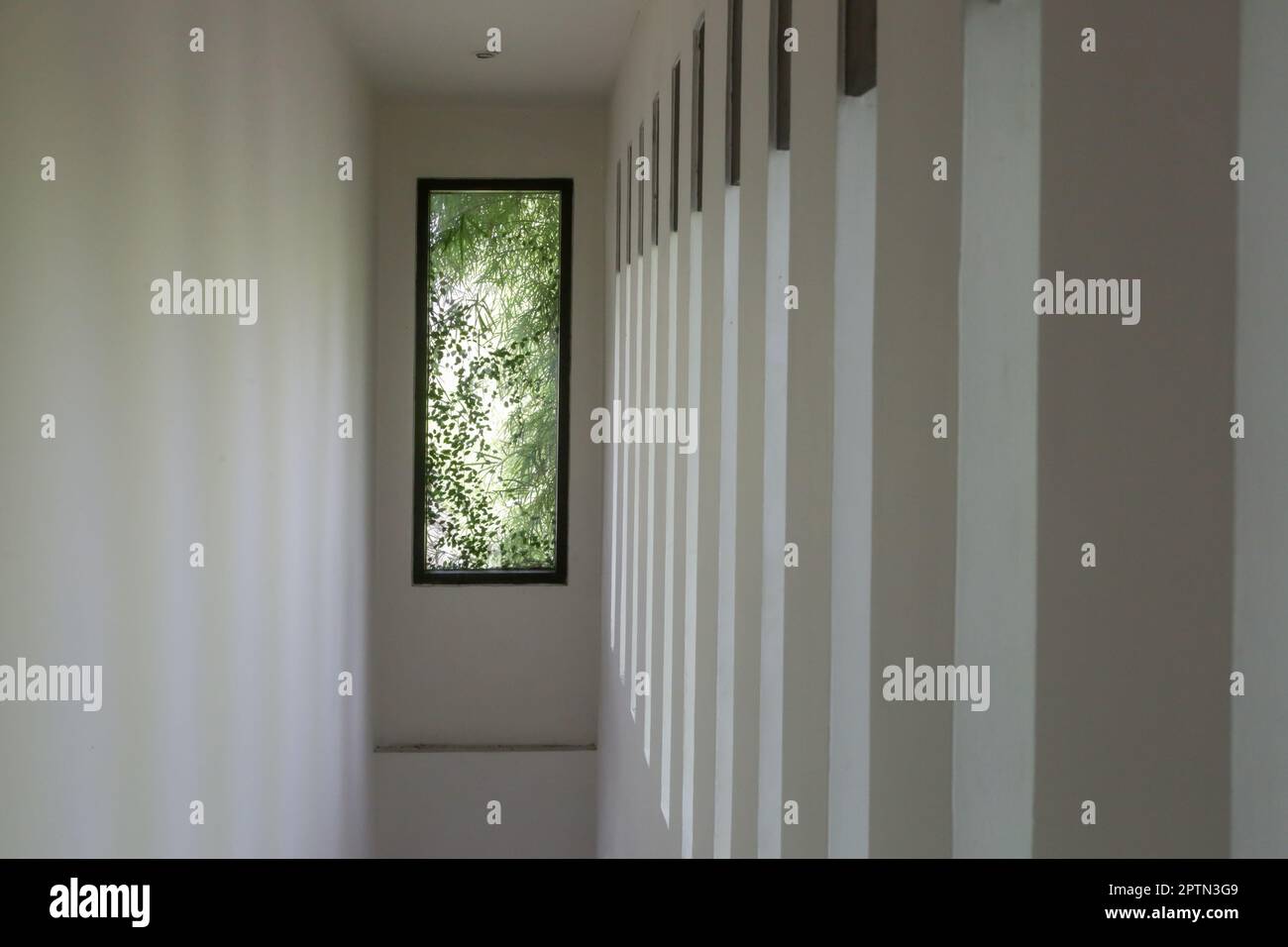 Modern white narrow hallway with windows on the side wall Stock Photo ...