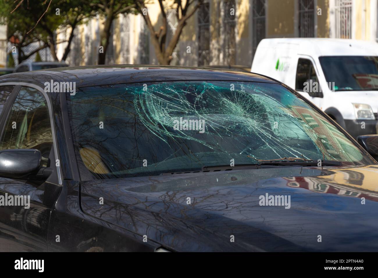Broken windshield of the car. Car after an accident with a broken glass ...