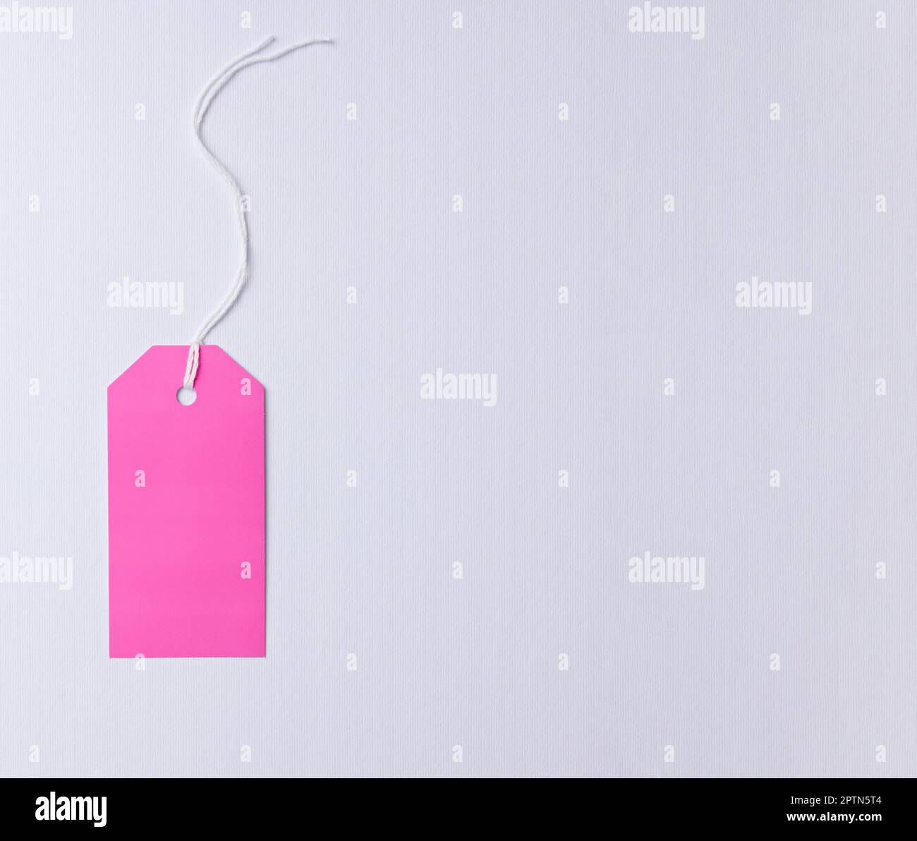 Empty pink cardboard tag on a white rope, pink background. Price tag ...