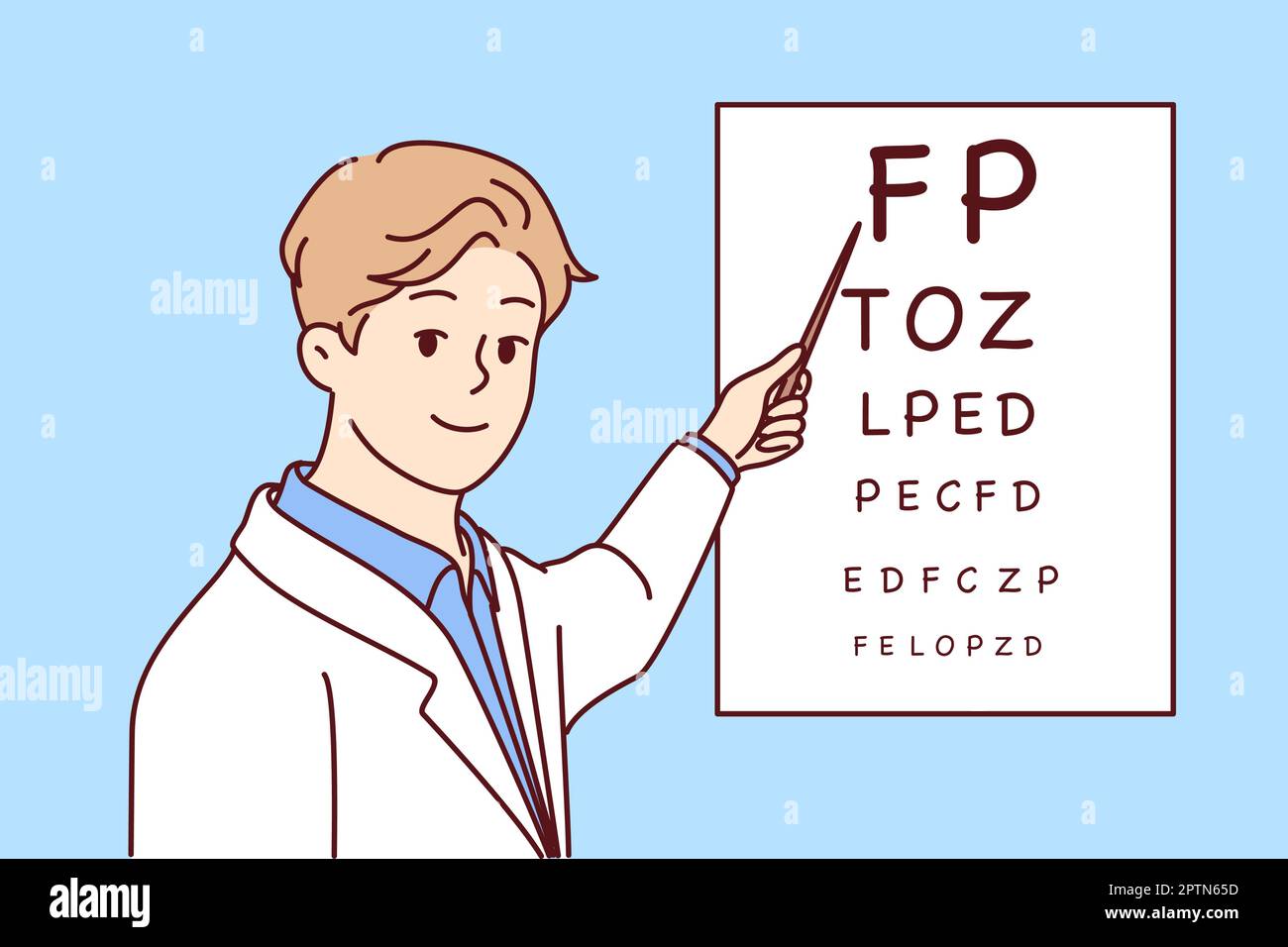 Man doctor holds out pointer to poster with letters for checking ...