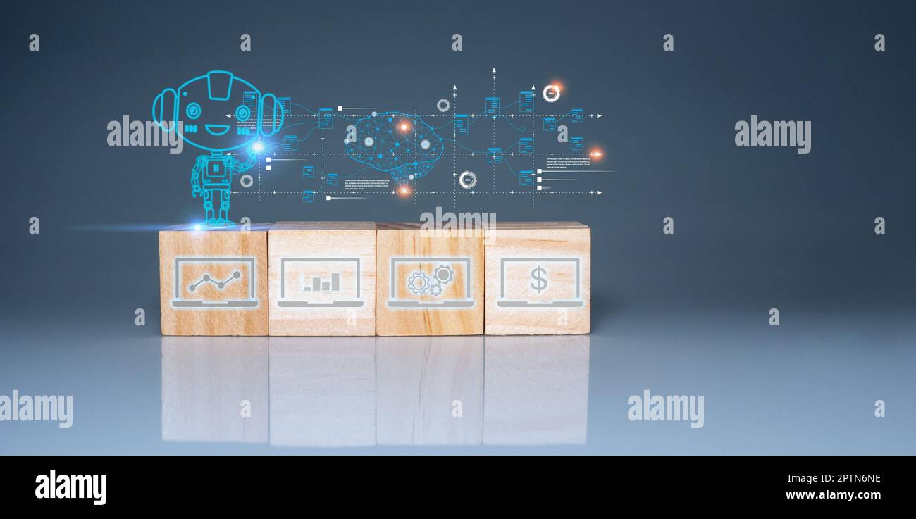 An AI model stands on a wooden block. Represents the functioning of the ...
