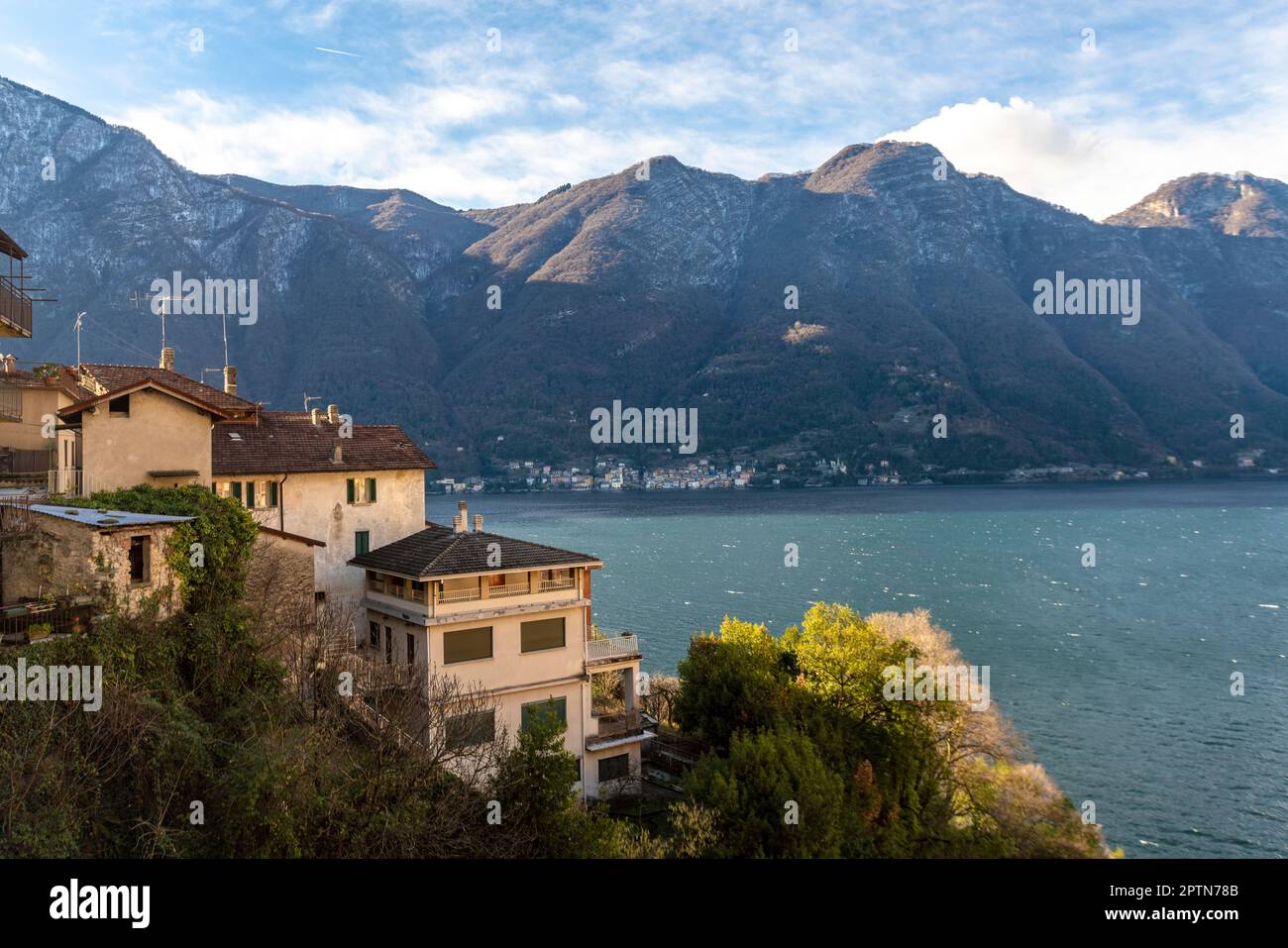 Houses on Lake Como with mountain view, Como, Switzerland Stock Photo ...
