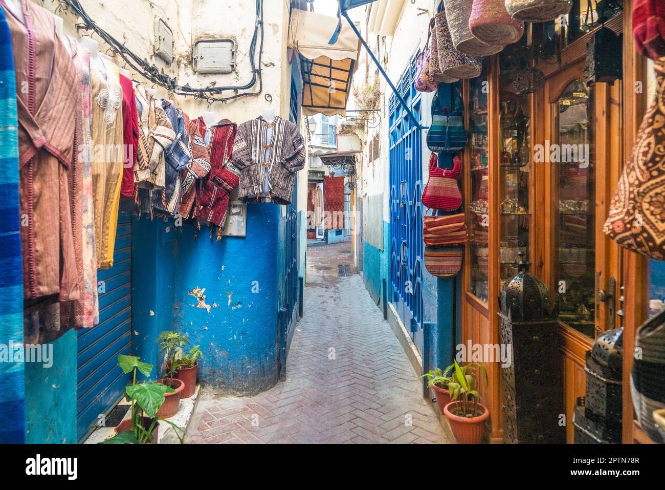 Kasbah in medina with shops and blue painted houses, Tangier, Morocco ...