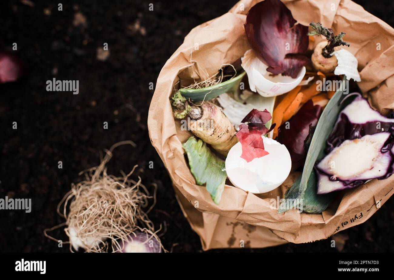 compost food waste in a brown bag full of vegetables Stock Photo - Alamy