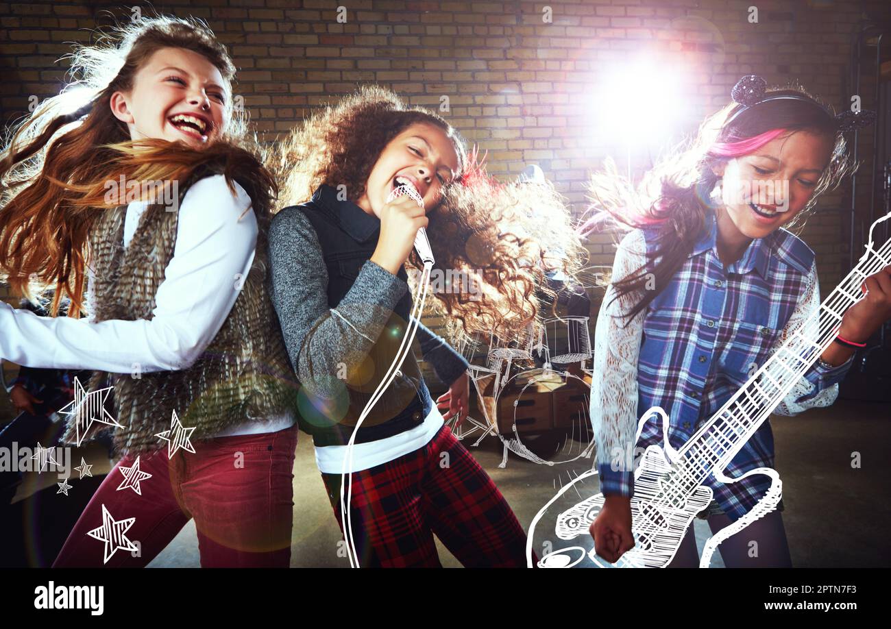 Ready to rock. children singing and playing rock music on imaginary ...