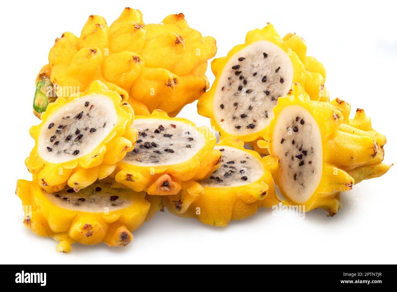 Yellow dragon fruit and dragon fruit slices isolated on white ...