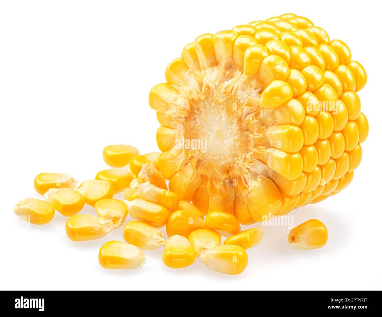 Piece of maize cob or corn cob and corn seeds isolated on white ...