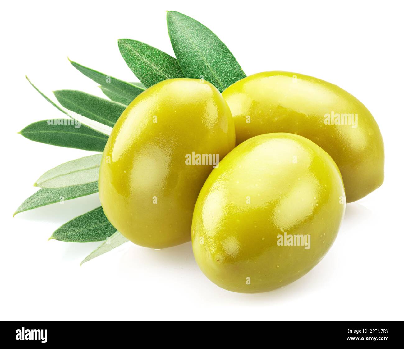 Three whole green olives with olive leaves isolated on white background ...
