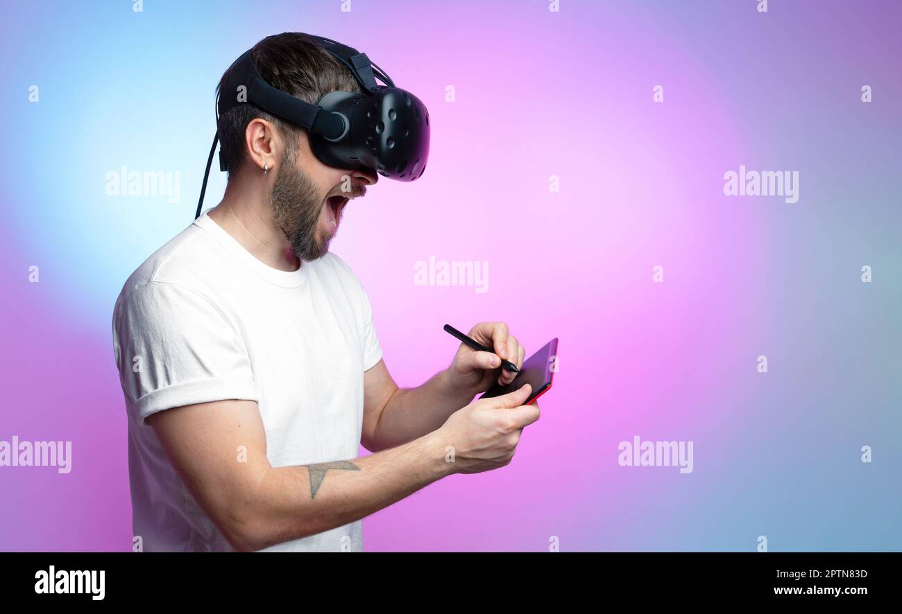 The Digital artist in VR glasses Avatar on metaverse creates NFT non ...