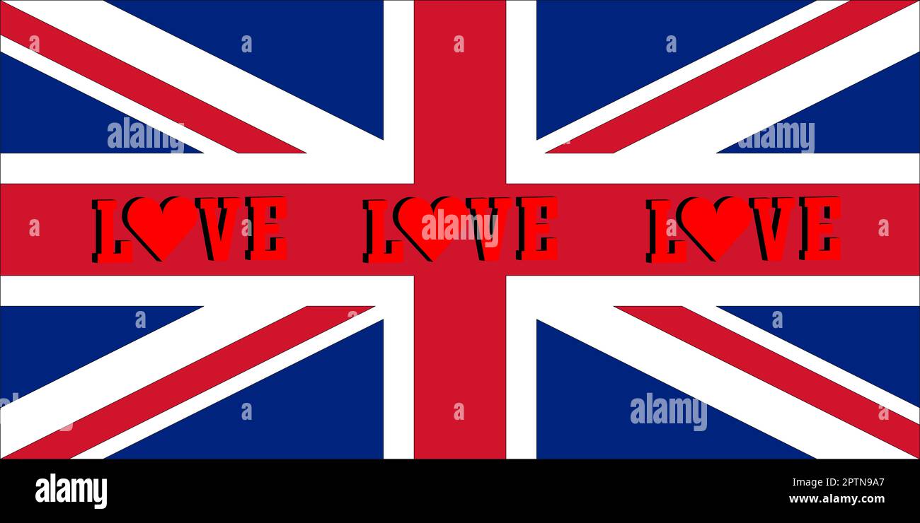 United Kingdom: the word love with heart and Union Jack flag. Words in ...
