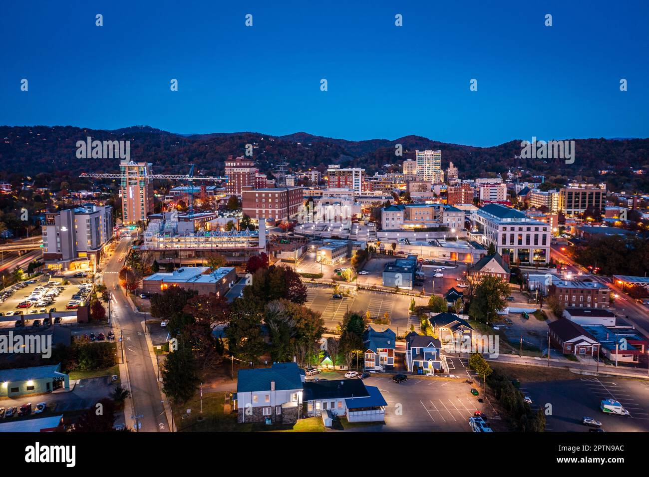 Aerial view of downtown Asheville, North Carolina at night Stock Photo ...