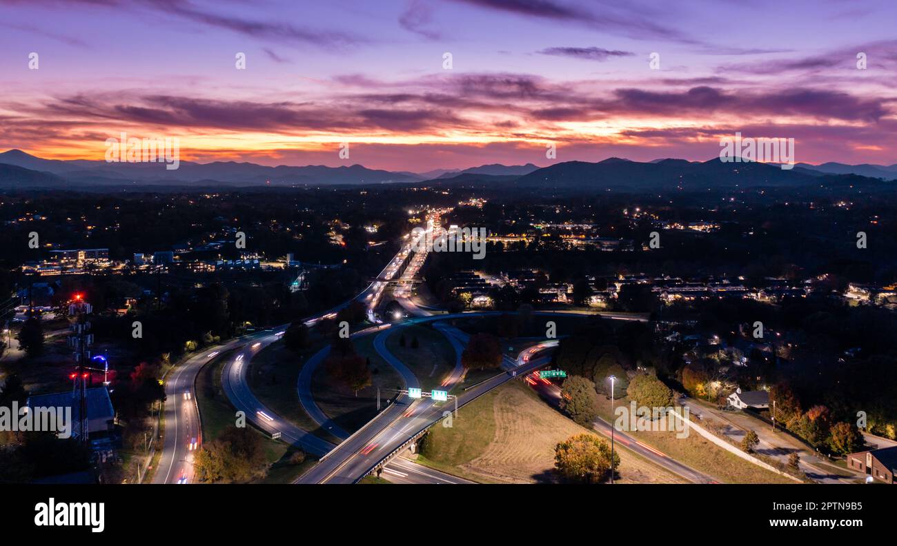Scenic aerial view of sunset over Smoky Mountains from Asheville, North ...