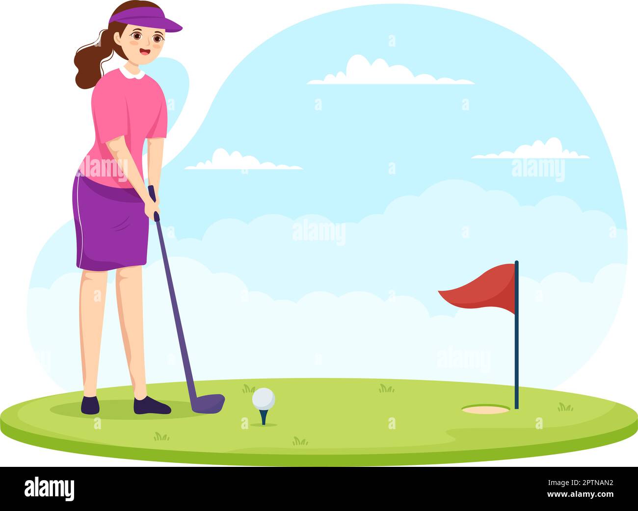 Golf Sport Illustration with Flags, Cart, Sticks, Green Field and Sand ...