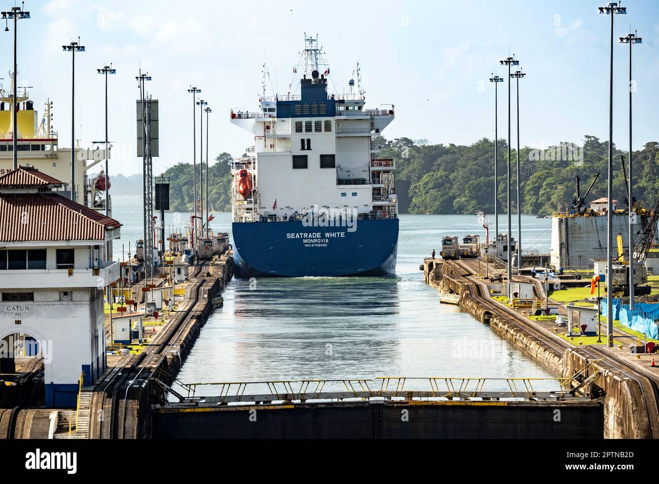 Shipping, moving through the Gatun Locks on the Atlantic side of the ...