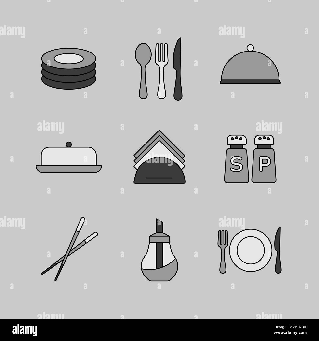 Restaurant vector grayscale icon set. Serving food sign. Graph symbol ...