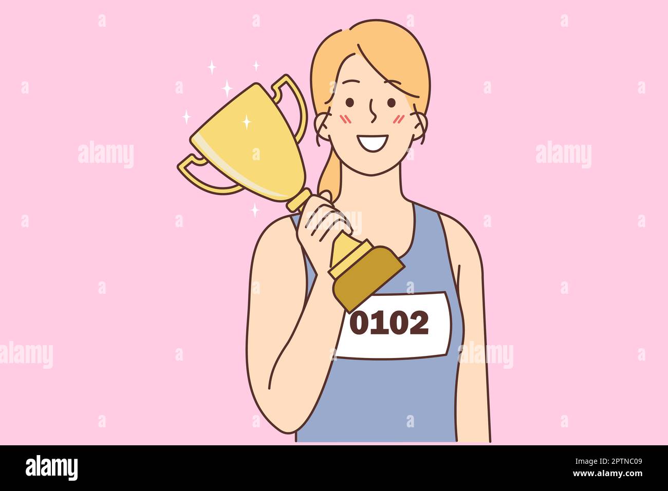 Smiling woman in sportswear holding golden prize win sport competition ...