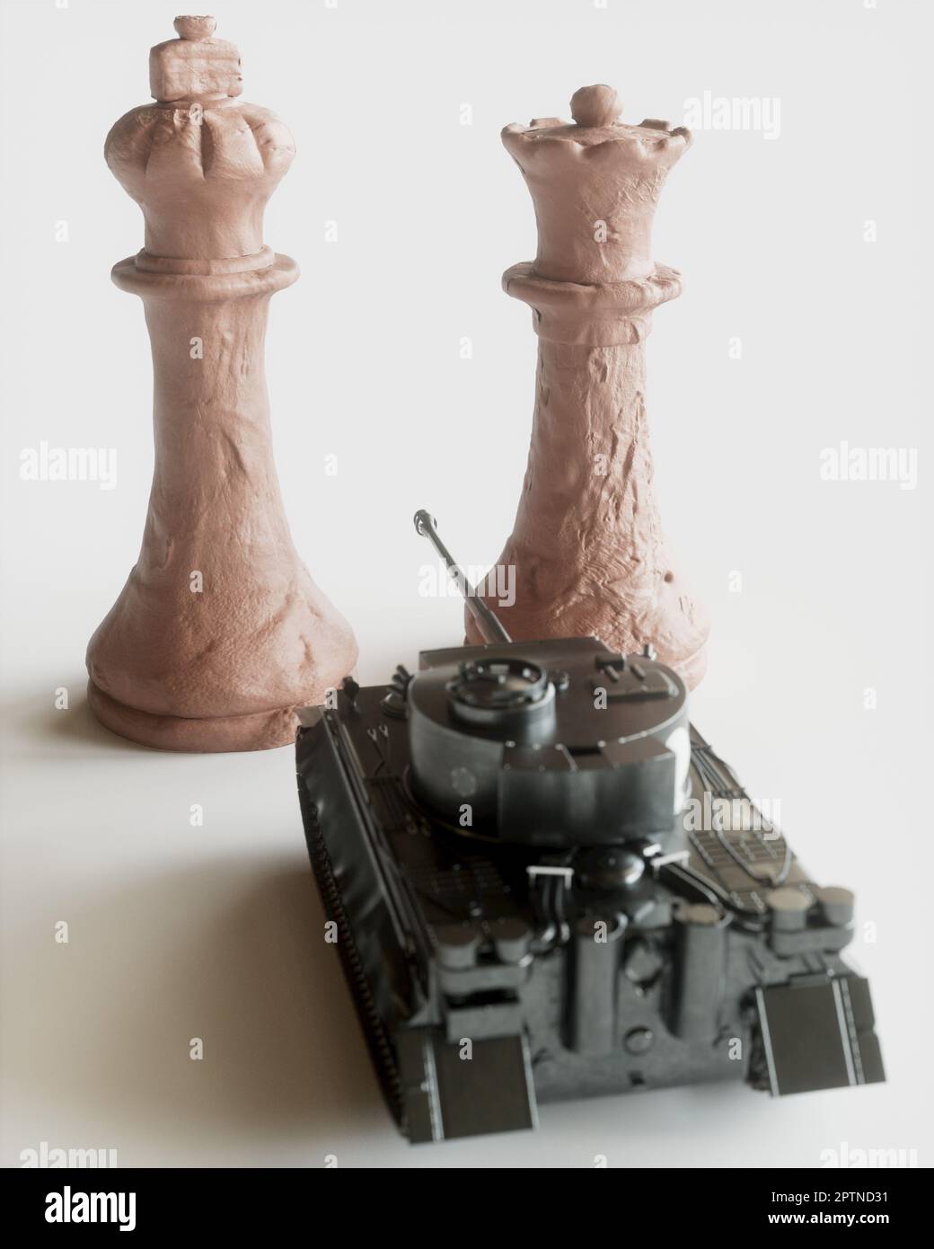 Toy tanks with chess on chessboard. Concept of military strategy. -- 3D ...
