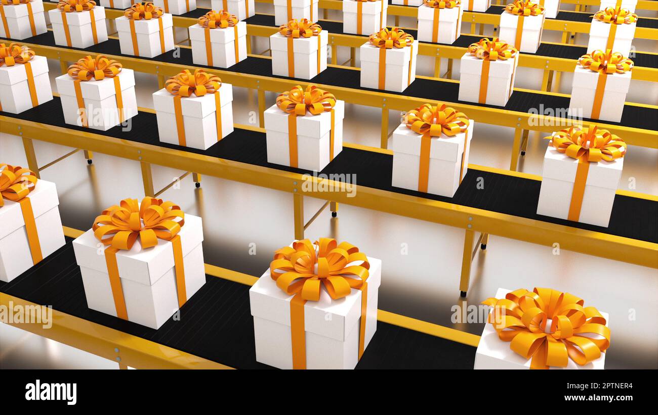 Gift boxes on conveyor. Computer generated 3d render Stock Photo - Alamy
