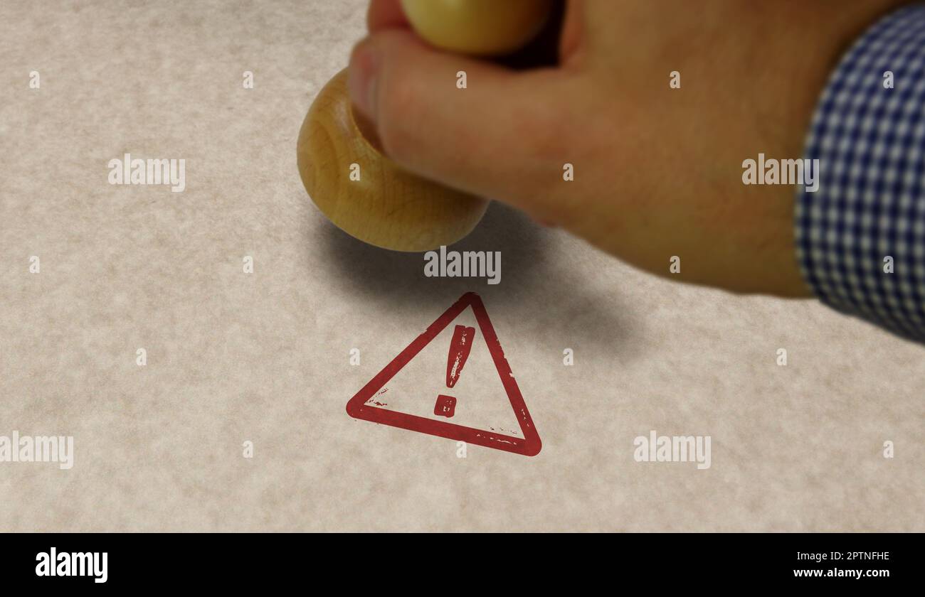 Alert stamp and stamping hand. Danger alarm, security warning caution ...