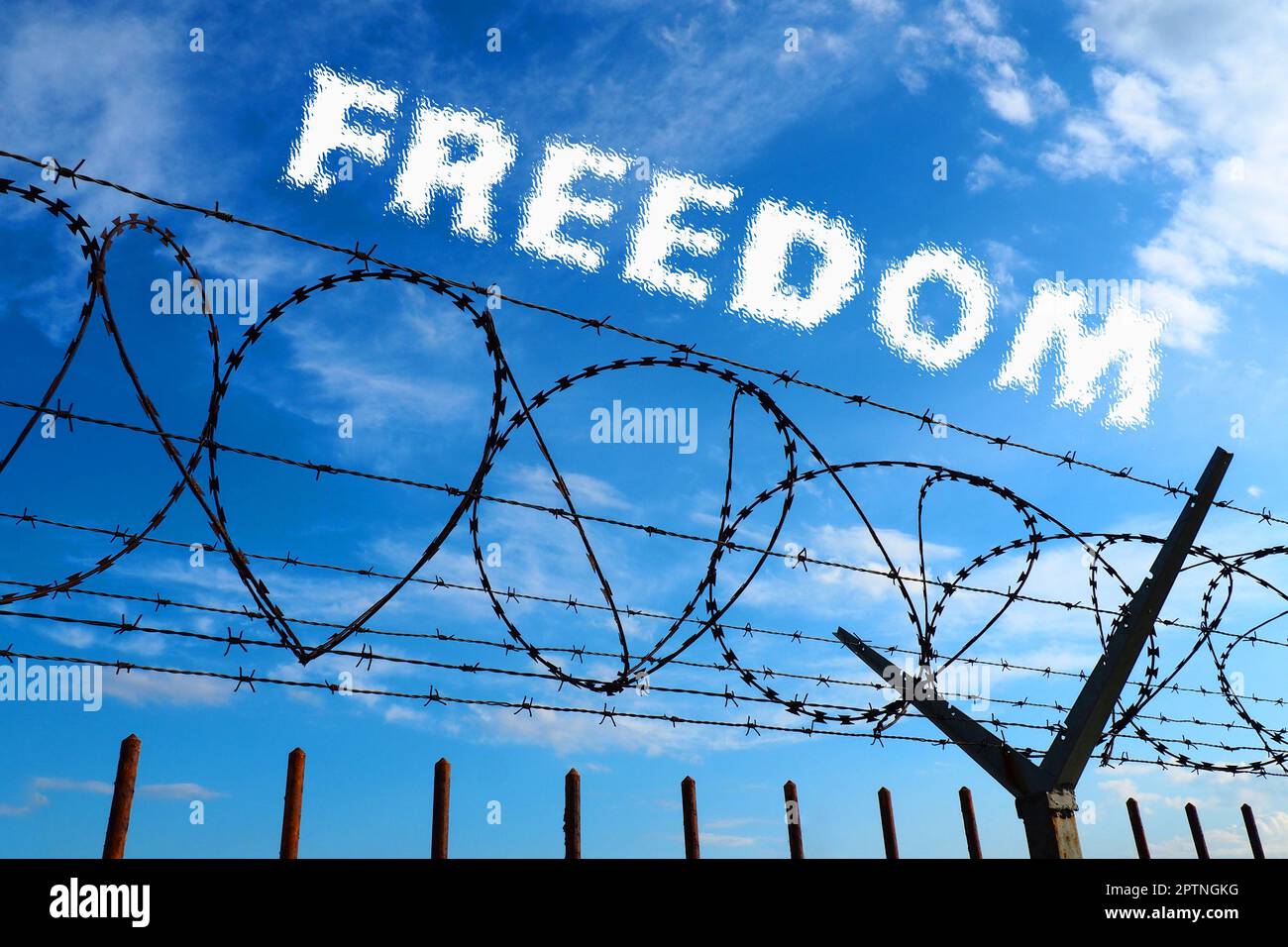 Barbed wire against the blue sky and white clouds. The inscription is ...