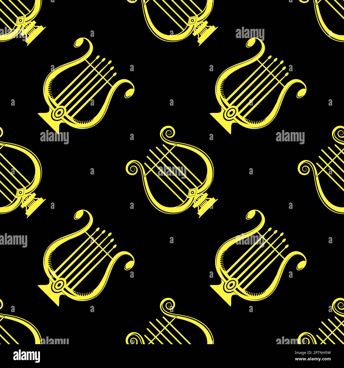 Yellow Lyre Musical Seamless Pattern on Black Background Stock Vector ...