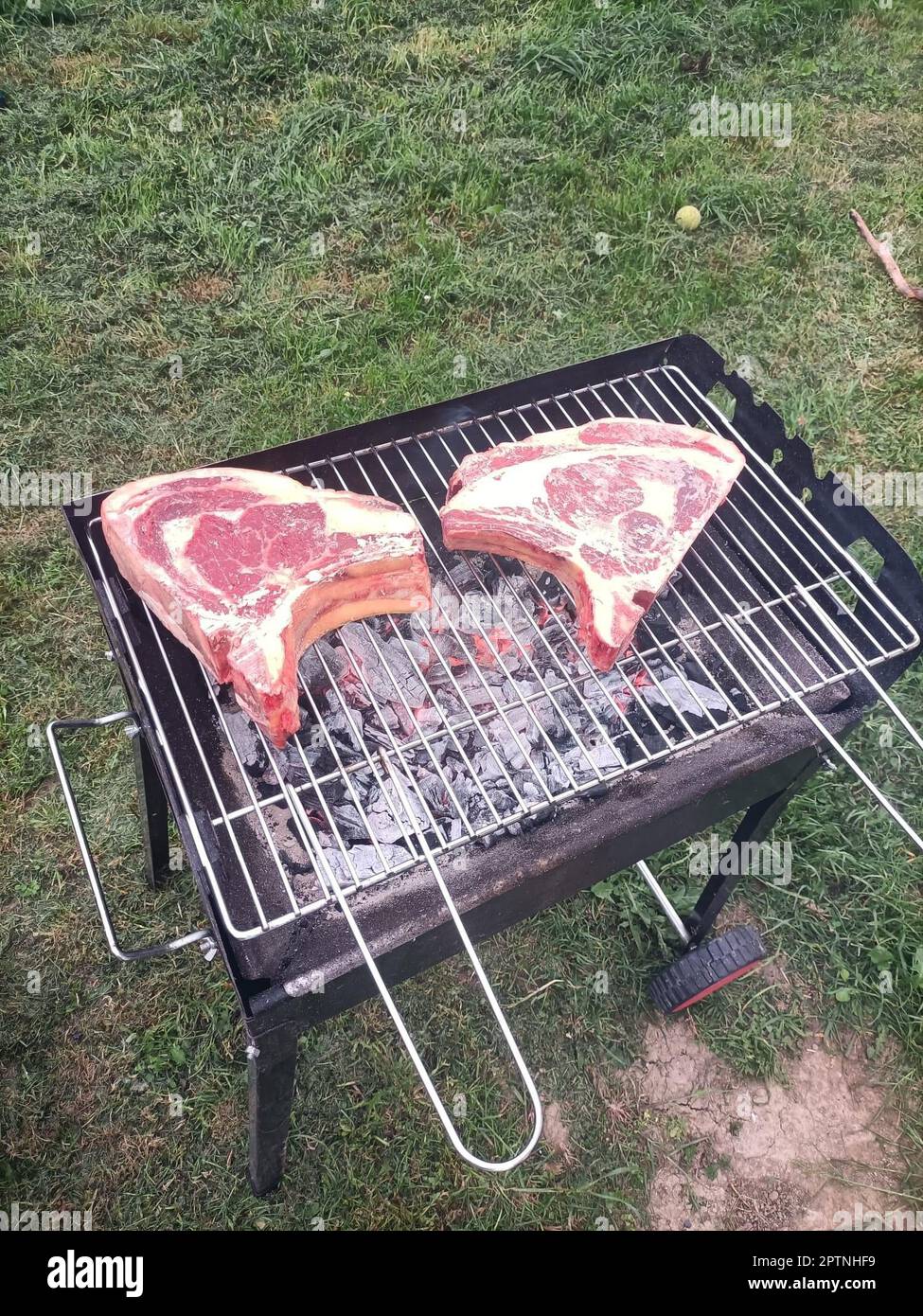 Raw beef steak falls on grill with burning fire and coal Stock Photo ...