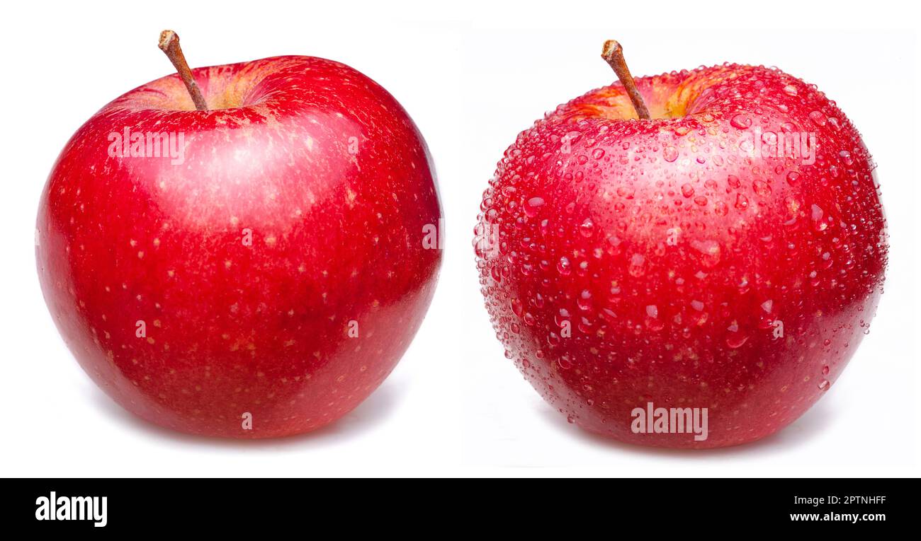 Two red apple, one covered with water drops on white background Stock ...