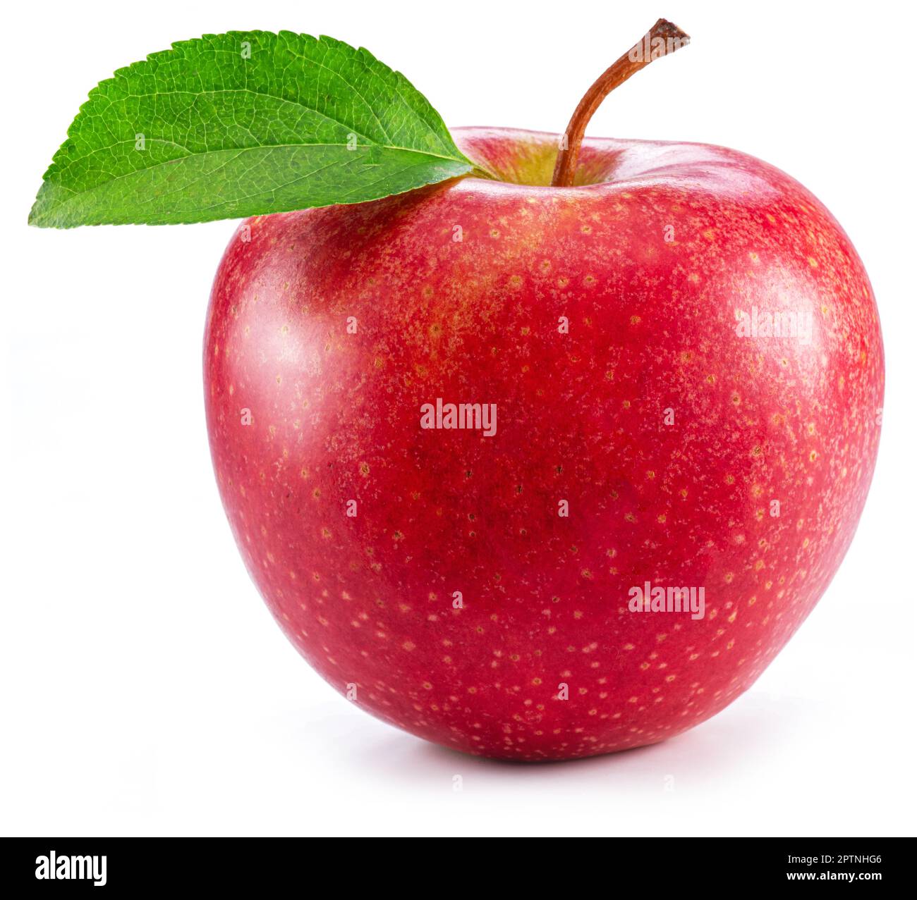 Ripe perfect red apple with green leaf on white background Stock Photo ...
