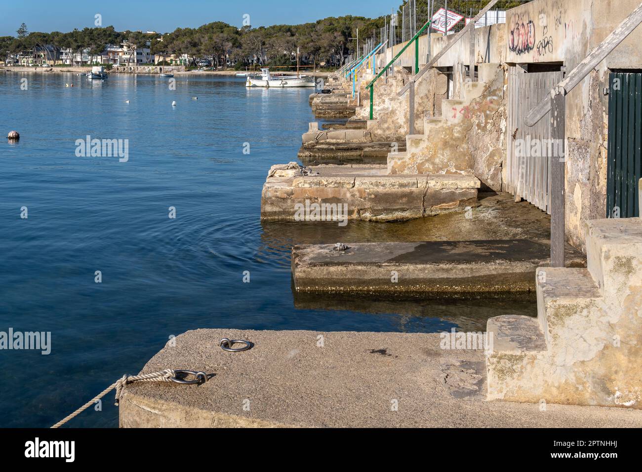 Portocolom, Spain; april 23 2023: Traditional jetties under repair in ...
