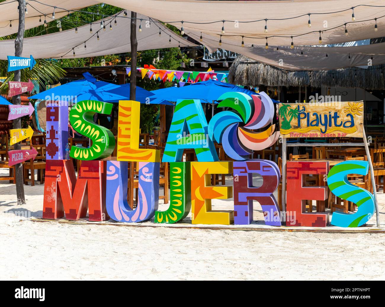 Colourful sign on beach, Isla Mujeres, Caribbean Coast, Cancun ...