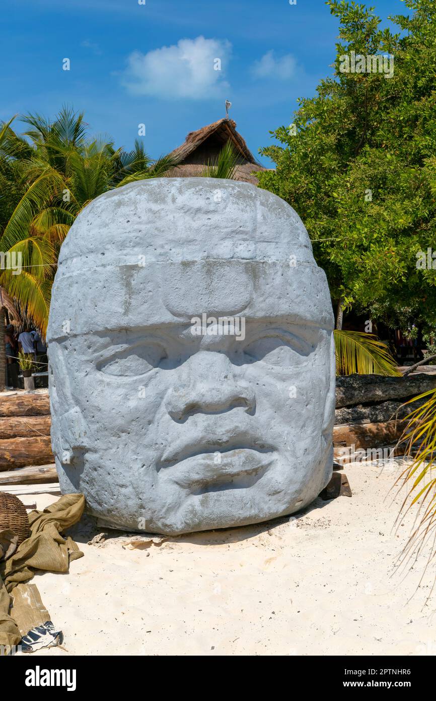 Recreation of historic Olmec colossoal head sculpture, Isla Mujeres ...