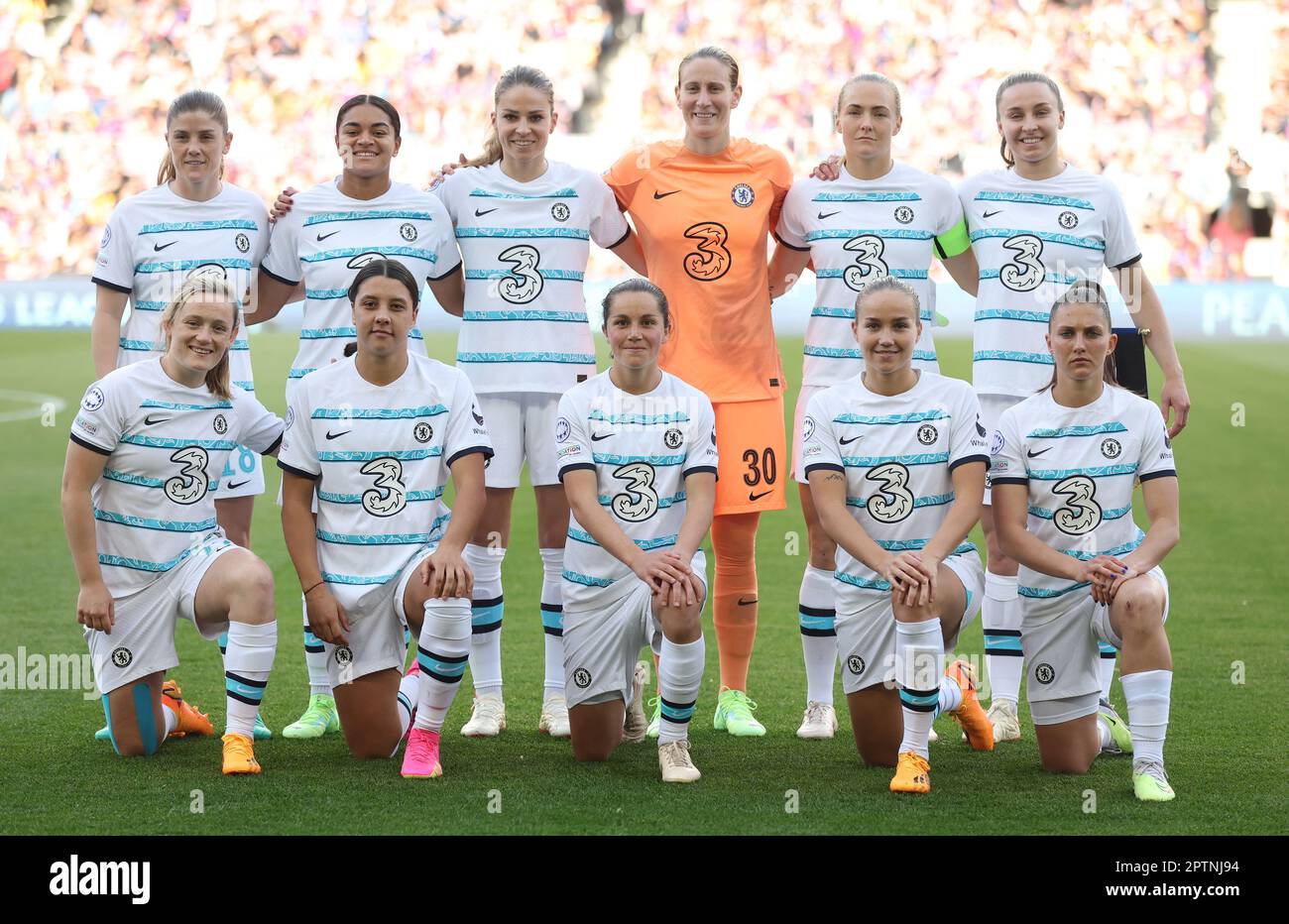 Chelsea players, back row, left to right, Chelsea's Maren Mjelde, Jess ...