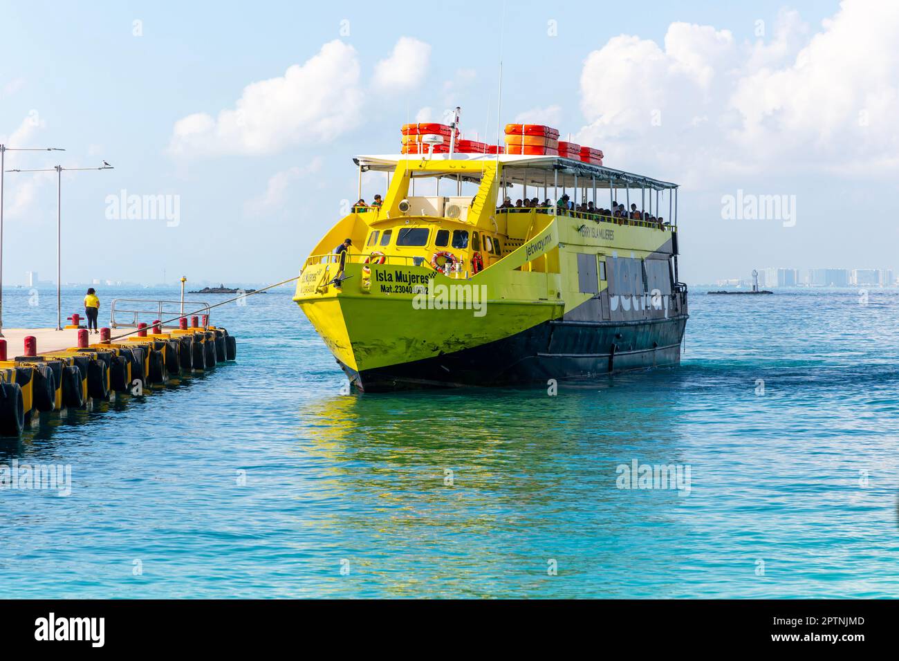 Ultramar ferry boat arriving at Isla Mujeres, Caribbean Coast, Cancun ...