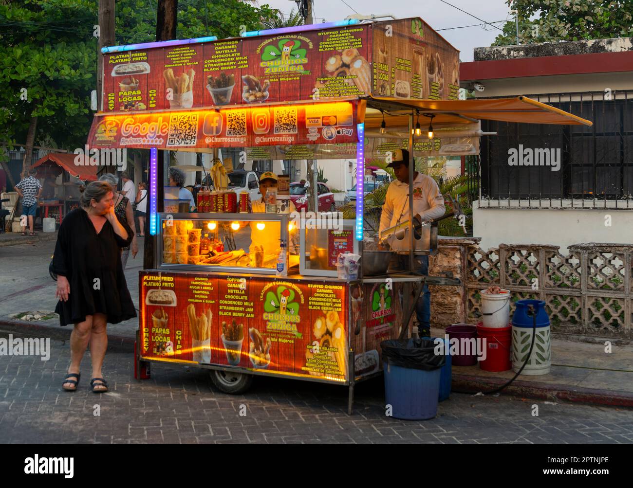 Churros stall at night, sla Mujeres, Caribbean Coast, Cancun, Quintana ...