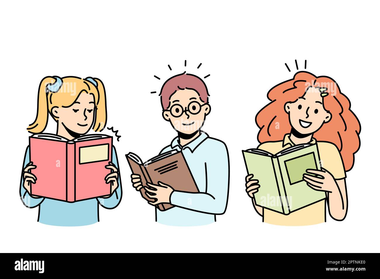 Curious children love to read paper books. Portraits of smart ...