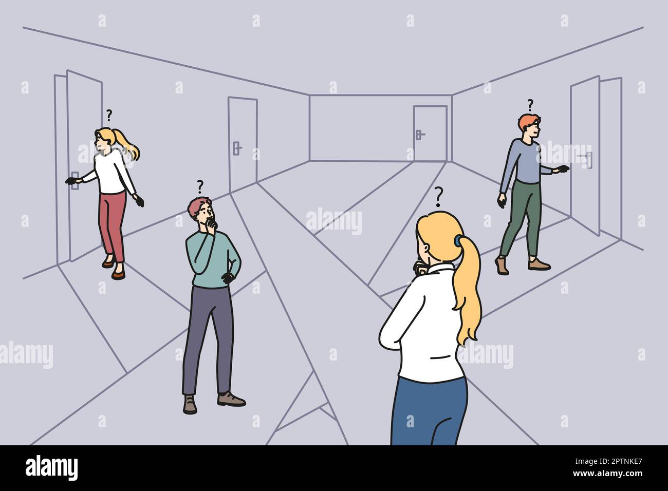 Diverse businesspeople in room open different doors looking for exit ...