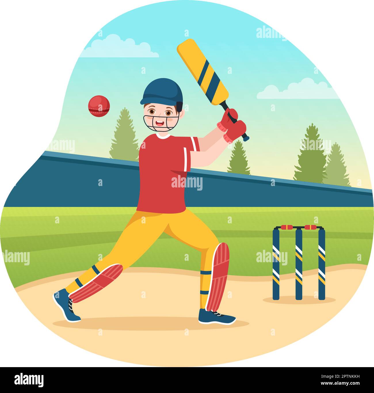 Batsman Playing Cricket Sport Illustration with Bat and Balls in the Field for Championship in ...