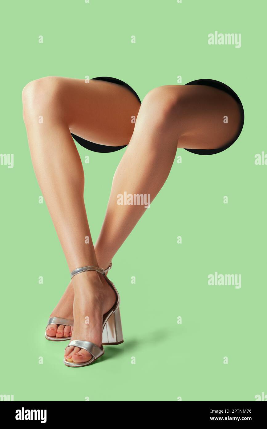 Parts Of Womans Body Hand Leg Protrude Through Background Concept Of Leather Goods Over