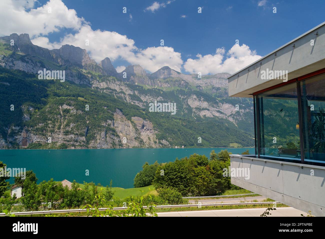 Panramic view of Lake Walensee, Kanton Glasurs, swiss Alps, Switzerland ...