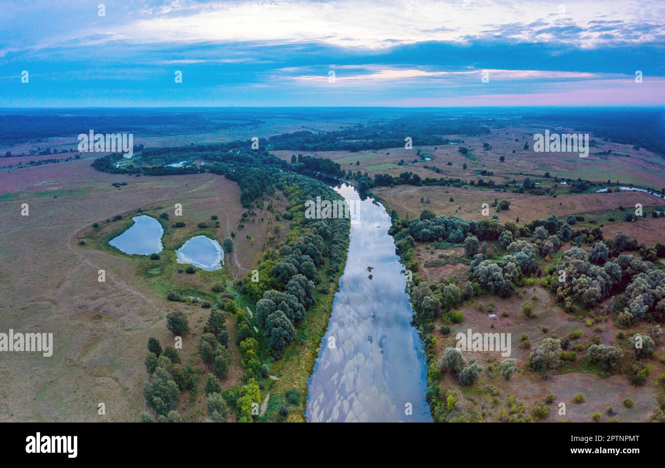 Beautiful Ukrainian nature background. Drone view on riverbank of the ...
