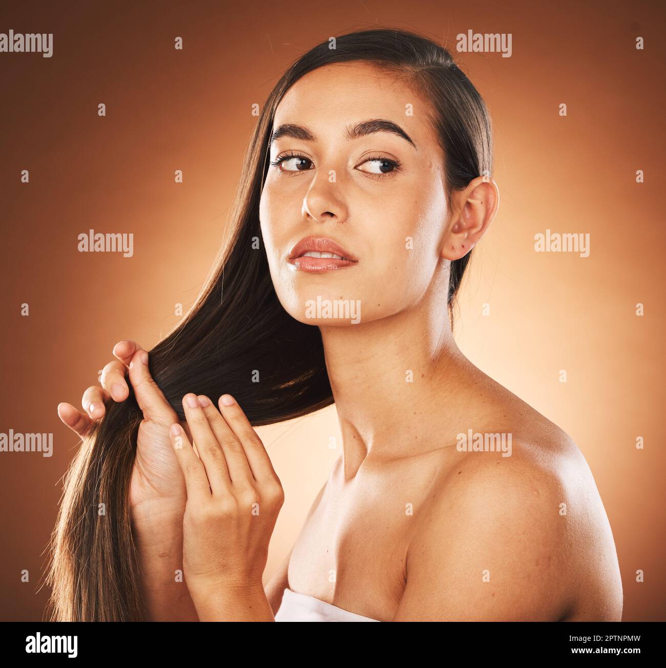 Skincare, beauty and hair care, portrait of woman holding hair in hands ...