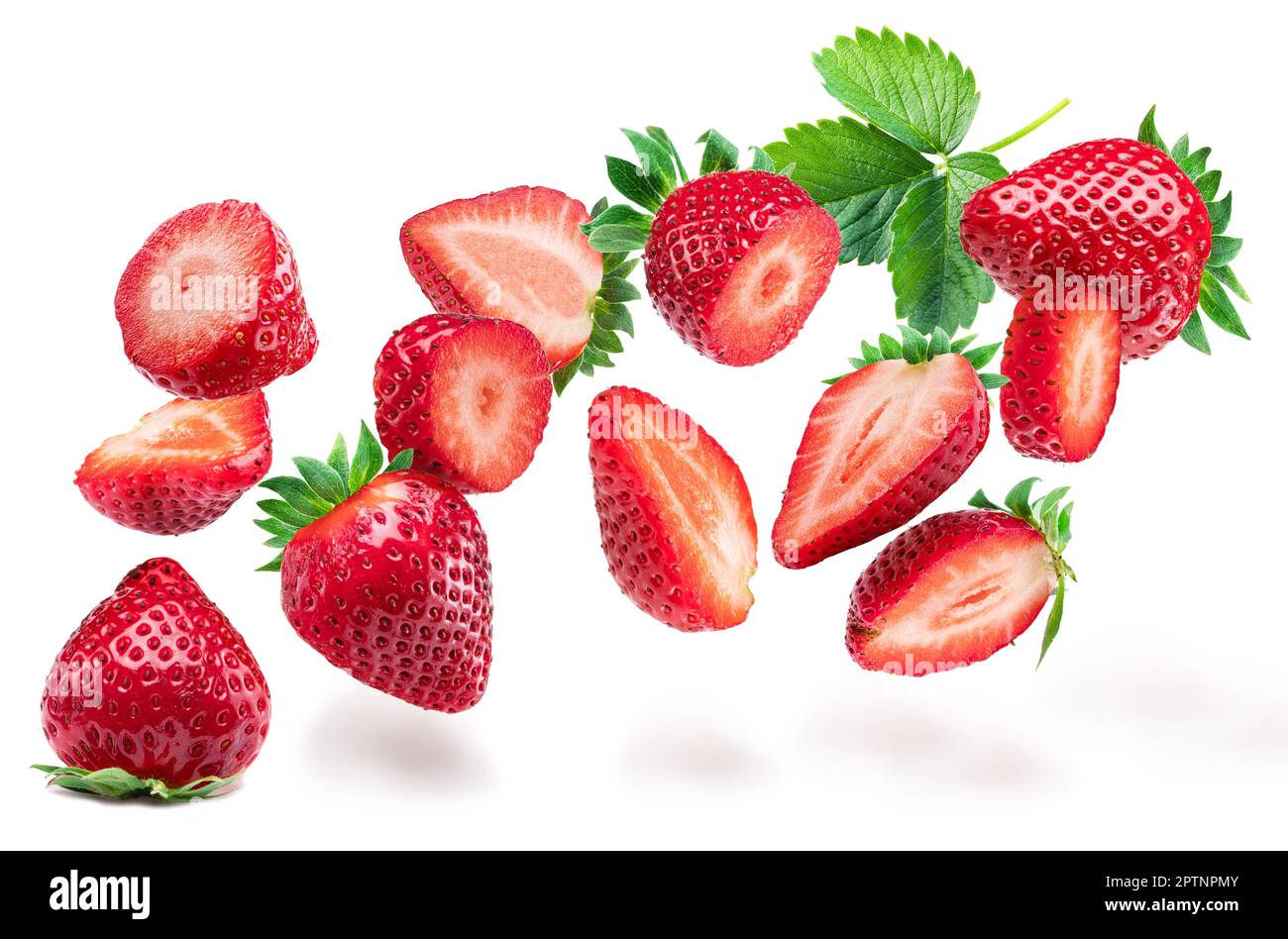 Strawberries and sliced strawberry flying in the air, isolated on white ...